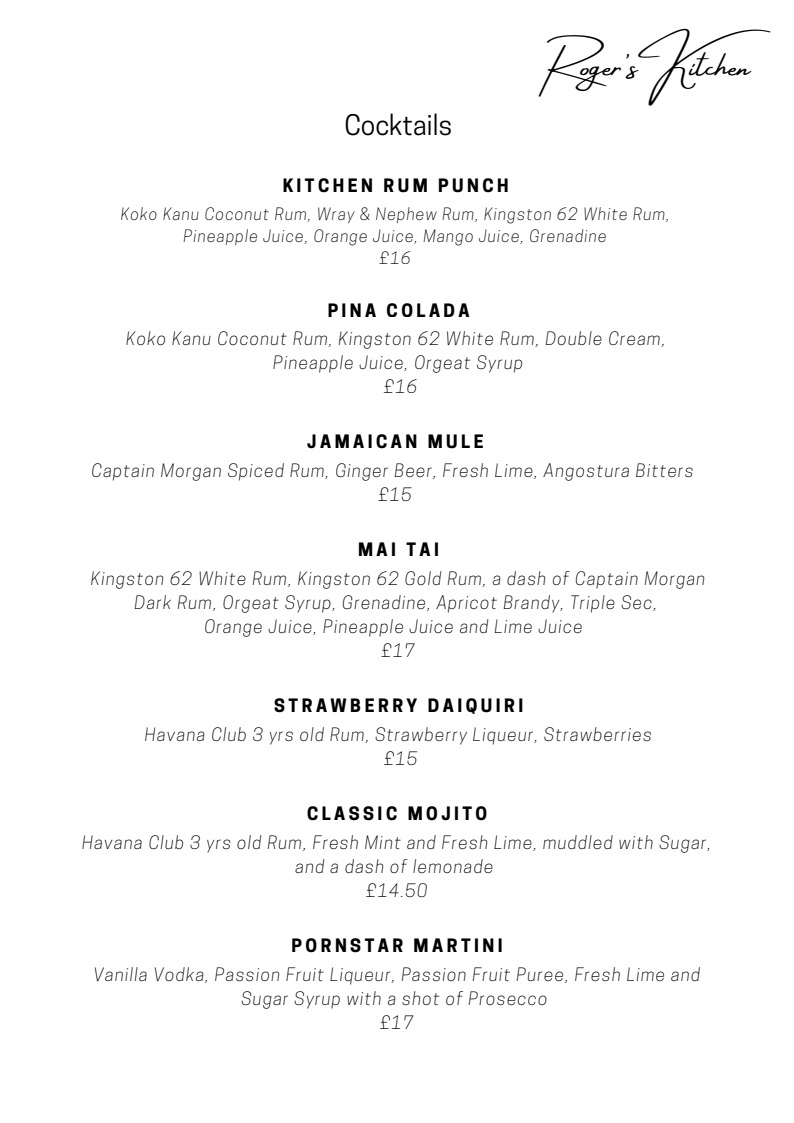 Drinks Menu – Rogers Kitchen