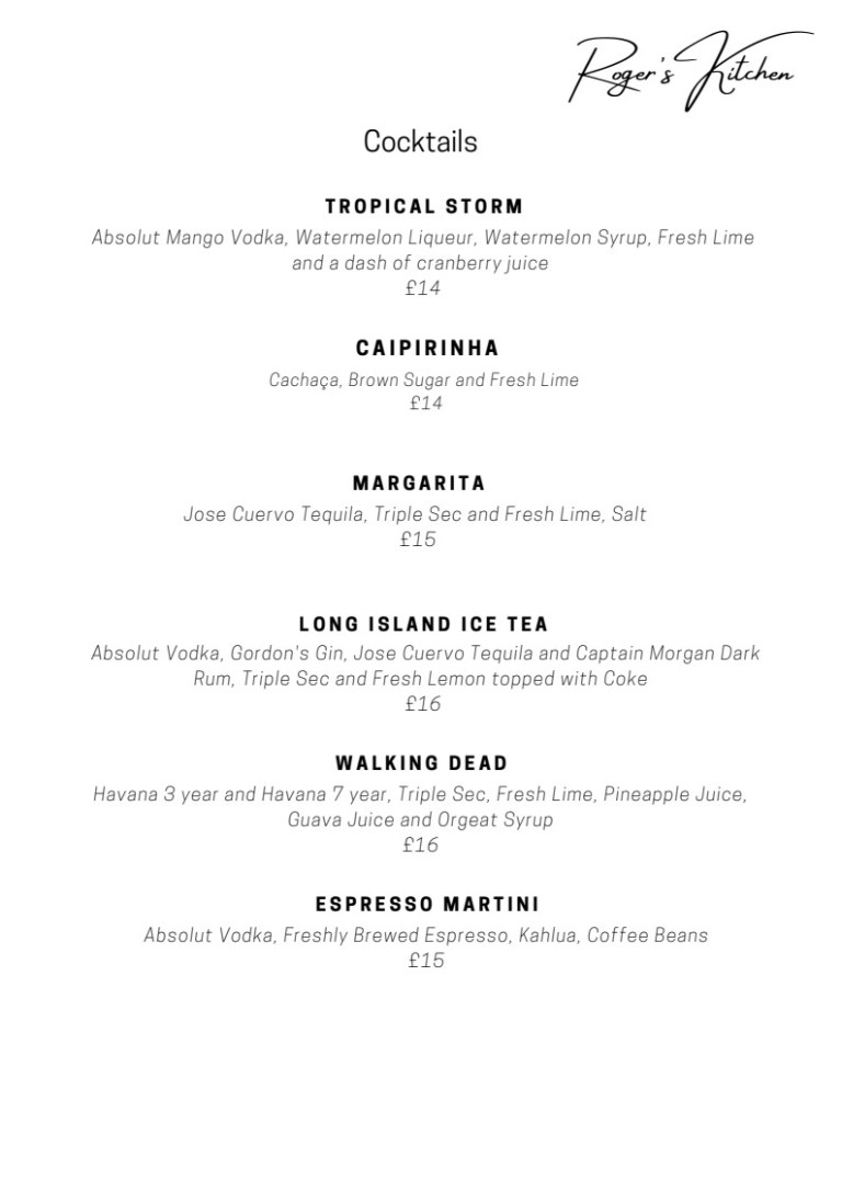 Drinks Menu – Rogers Kitchen